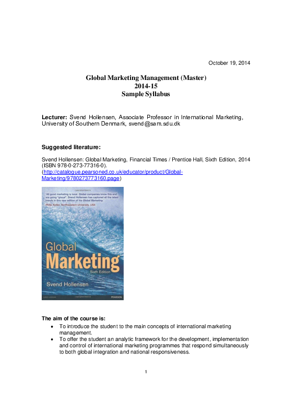 (DOC) Sample lecture plan - Hollensen: Global Marketing - 6e - 2014-15