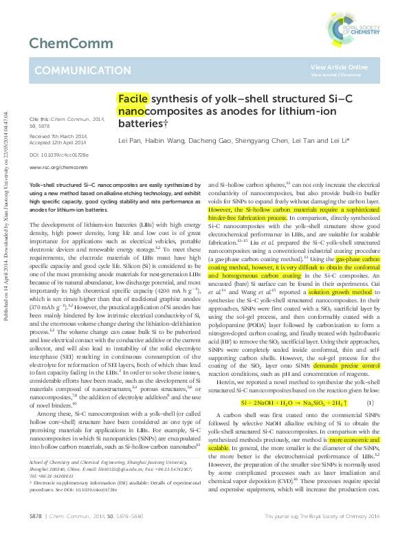 (PDF) Facile synthesis of yolk–shell structured Si–C nanocomposites as ...