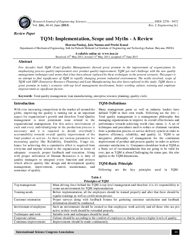 (PDF) TQM: Implementation, Scope and Myths - A Review