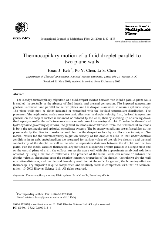 (PDF) Thermocapillary motion of a fluid droplet parallel to two plane walls | 柏源 陳 - Academia.edu