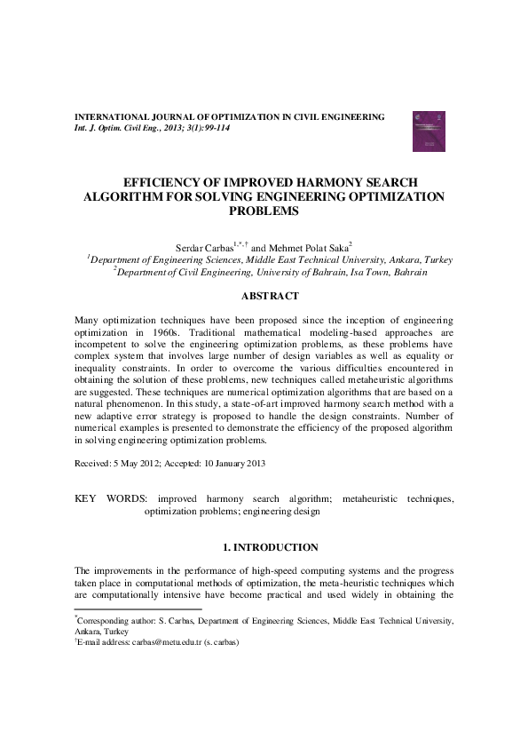 (PDF) EFFICIENCY OF IMPROVED HARMONY SEARCH ALGORITHM FOR SOLVING ENGINEERING OPTIMIZATION PROBLEMS