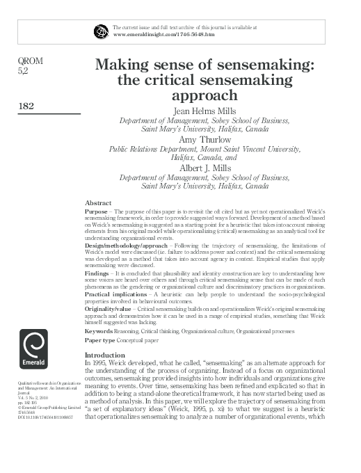 (PDF) 56. Helms Mills, Jean, Thurlow, Amy, and Mills, Albert J. (2010) Making Sense of Sense ...