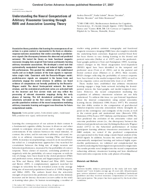 Pdf Understanding The Neural Computations Of Arbitrary Visuomotor Learning Through Fmri And