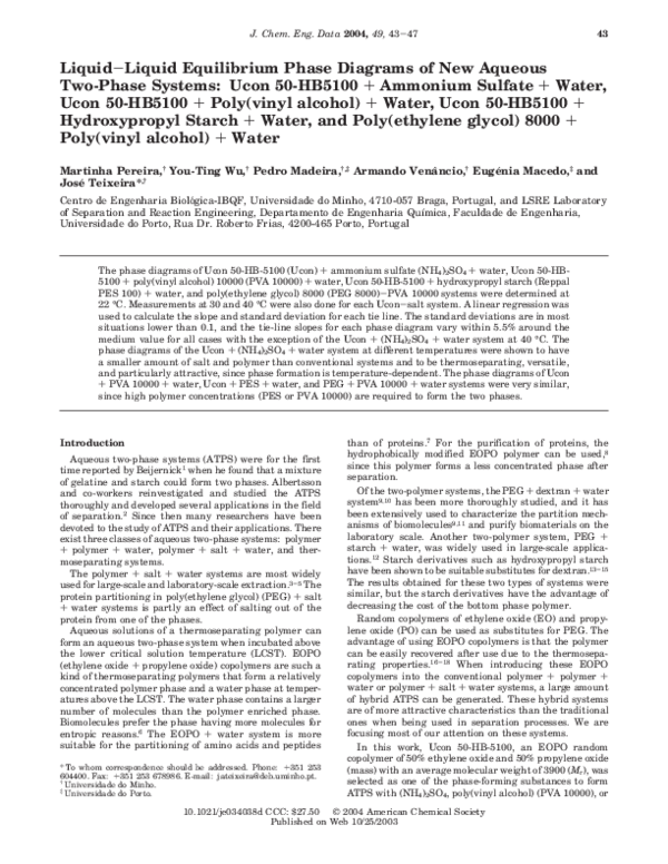 (PDF) Liquid−Liquid Equilibrium Phase Diagrams of New Aqueous Two-Phase Systems: Ucon 50HB5100 ...
