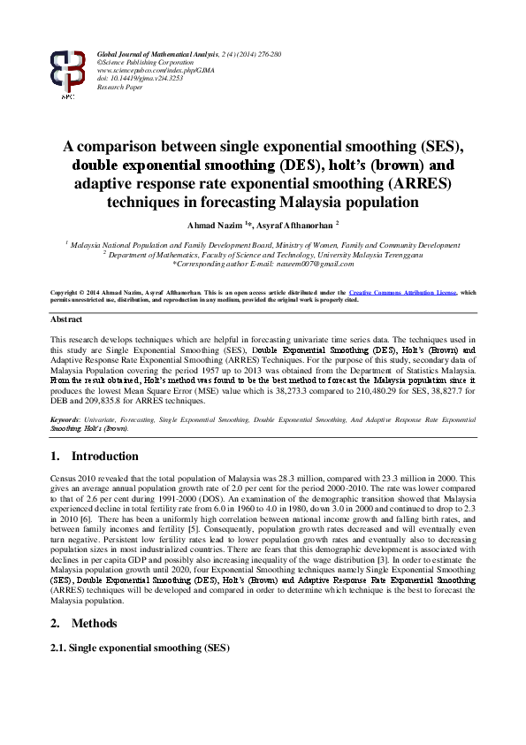 (PDF) A COMPARISON BETWEEN SINGLE, DOUBLE, HOLT'S (BROWN) AND ADAPTIVE RESPONSE RATE EXPONENTIAL ...