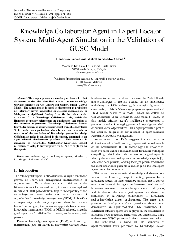 (PDF) Knowledge Collaborator Agent in Expert Locator System: Multi-Agent Simulation in the ...