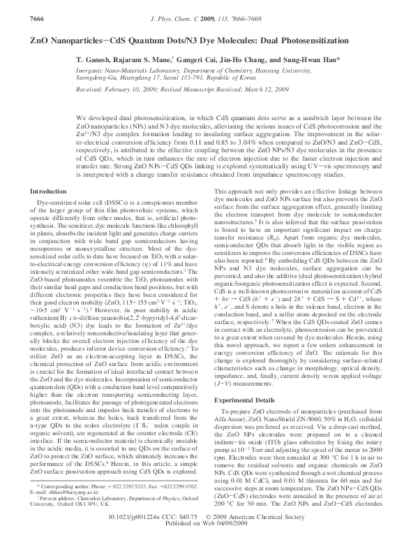 (PDF) ZnO Nanoparticles-CdS Quantum Dots/N3 Dye Molecules: Dual Photosensitization