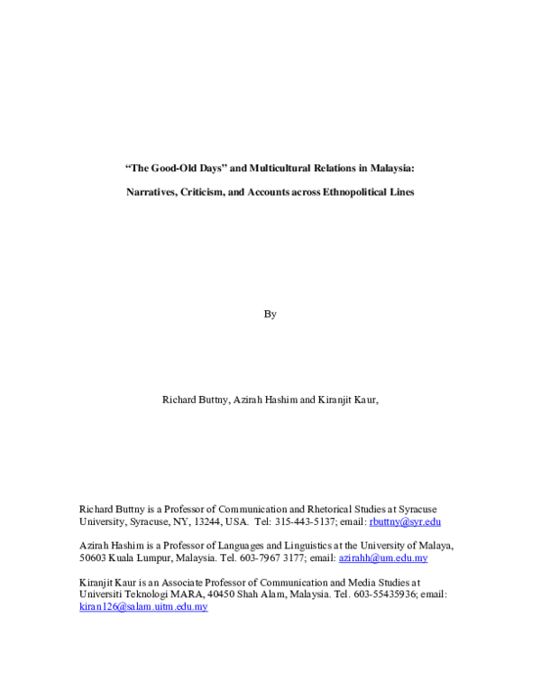 (PDF) The Good-Old Days and Multicultural Relations in Malaysia ...