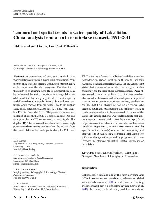 (PDF) Temporal and spatial trends in water quality of Lake Taihu, China ...