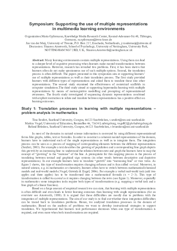 (PDF) Symposium: Supporting the use of multiple representations in multimedia learning environments