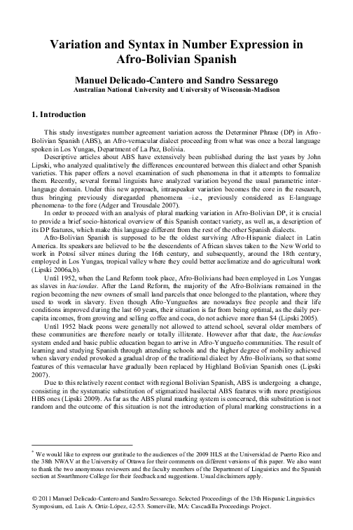 (PDF) Variation and syntax in number expression in Afro-Bolivian ...