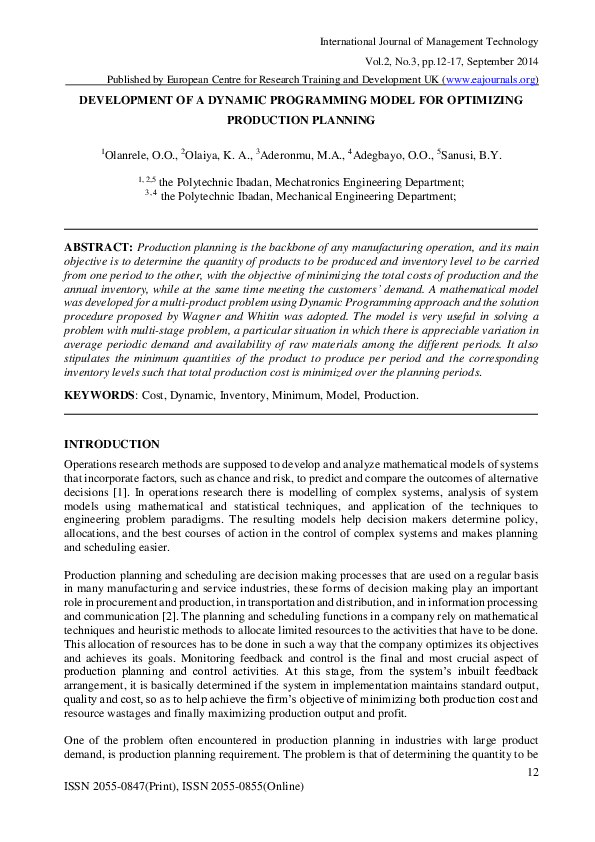 Pdf Development Of A Dynamic Programming Model For Optimizing Production Planning