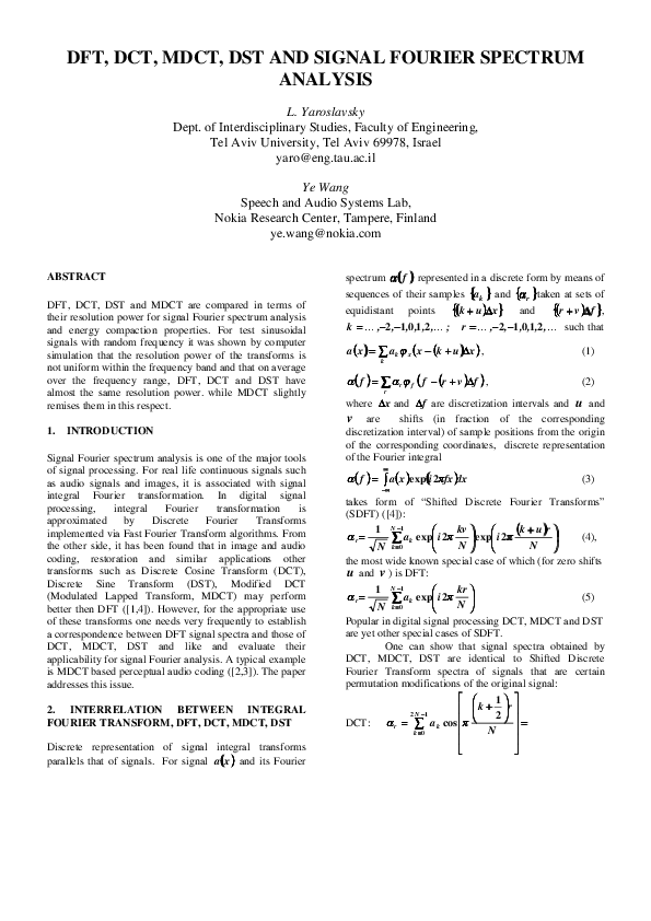 (PDF) DFT, DCT, MDCT, DST AND SIGNAL FOURIER SPECTRUM ANALYSIS
