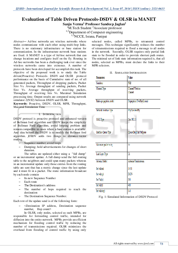 (PDF) Evaluation of Table Driven Protocols-DSDV & OLSR in MANET
