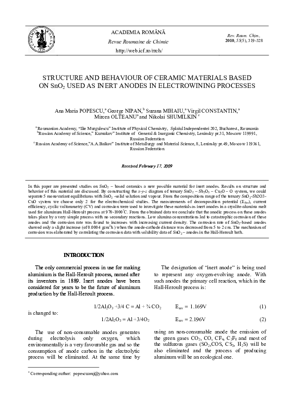 STRUCTURE AND BEHAVIOUR OF CERAMIC MATERIALS BASED ON SnO 2 USED AS ...