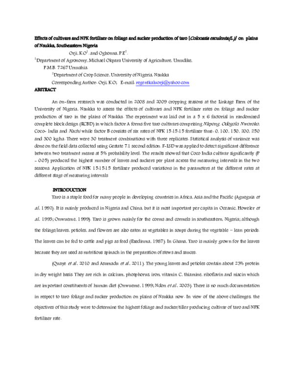 (DOC) Effects of cultivars and NPK fertilizer on foliage and sucker ...