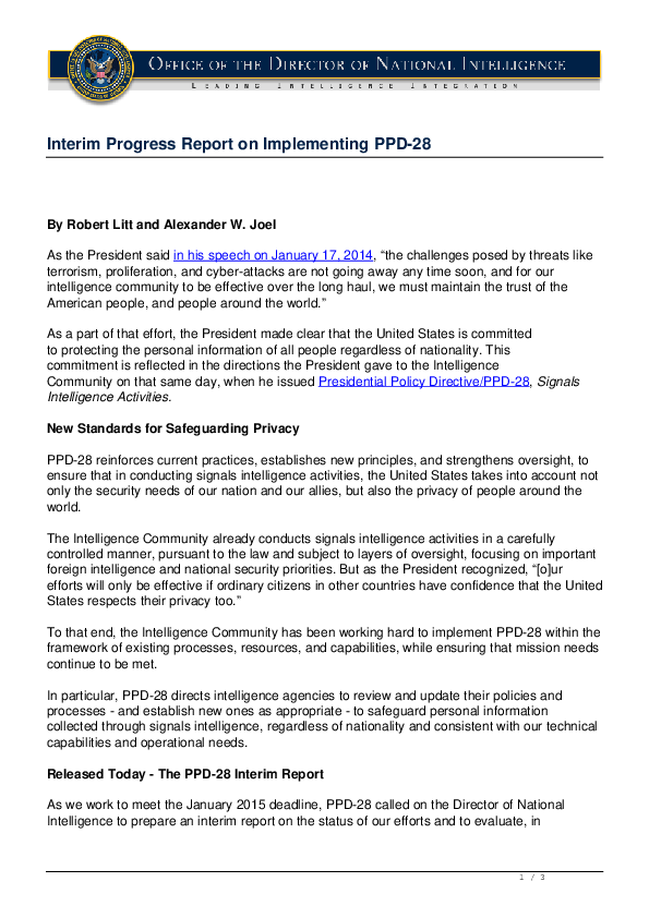 (PDF) Interim Progress Report on Implementing PPD-28