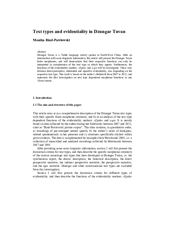 (PDF) Text types and evidentiality in Dzungar Tuvan. In: Turkic ...