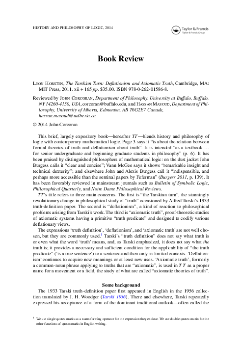 CORCORAN-MASOUD REVIEW: LEON HORSTEN, The Tarskian Turn: Deflationism ...