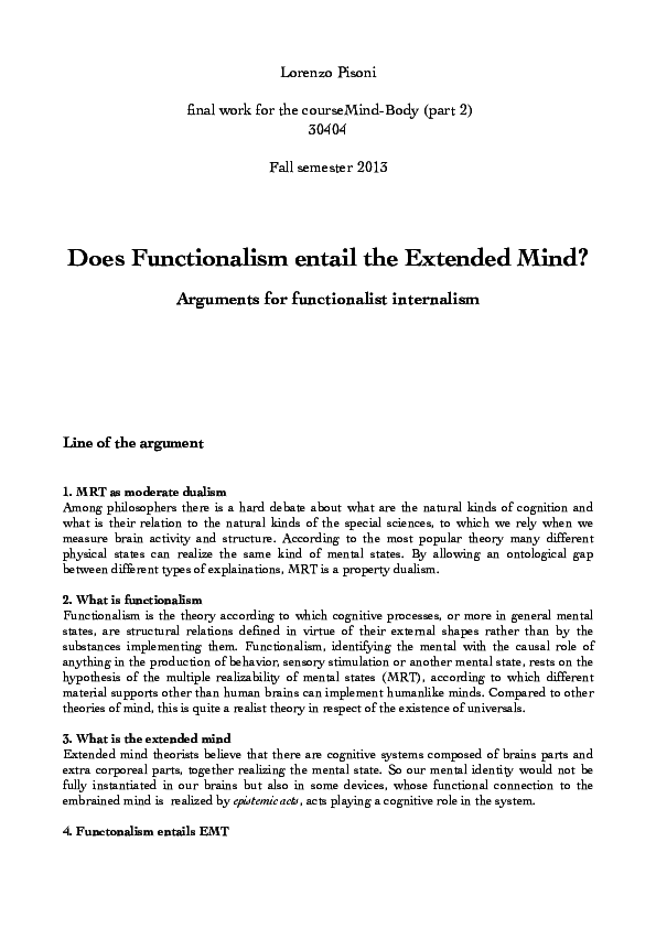 (PDF) Does Functionalism entail Extended Mind Theory?