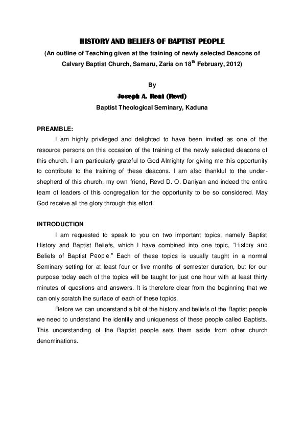 (PDF) The History and Beliefs of Baptist People