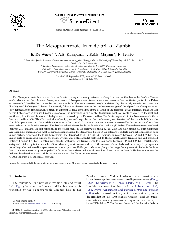 (PDF) The Mesoproterozoic Irumide belt of Zambia | Francis Tembo ...