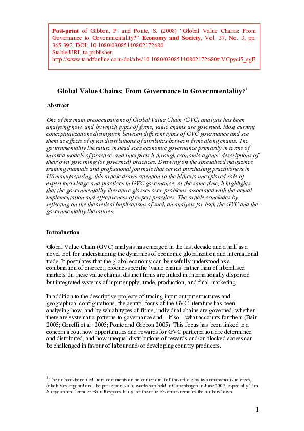 (PDF) Global Value Chains: From Governance to Governmentality?