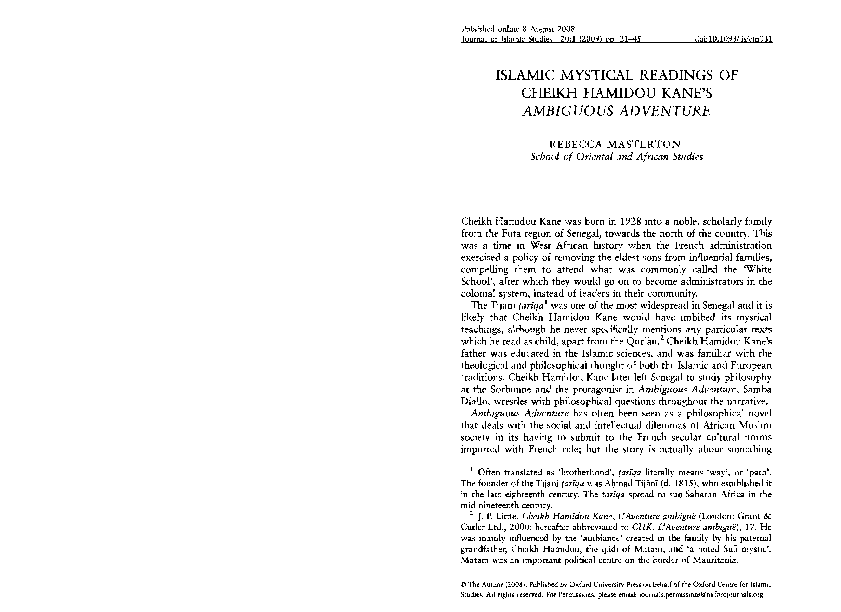 (PDF) Article: Islamic Mystical Readings of Cheikh Hamidou Kane's ...
