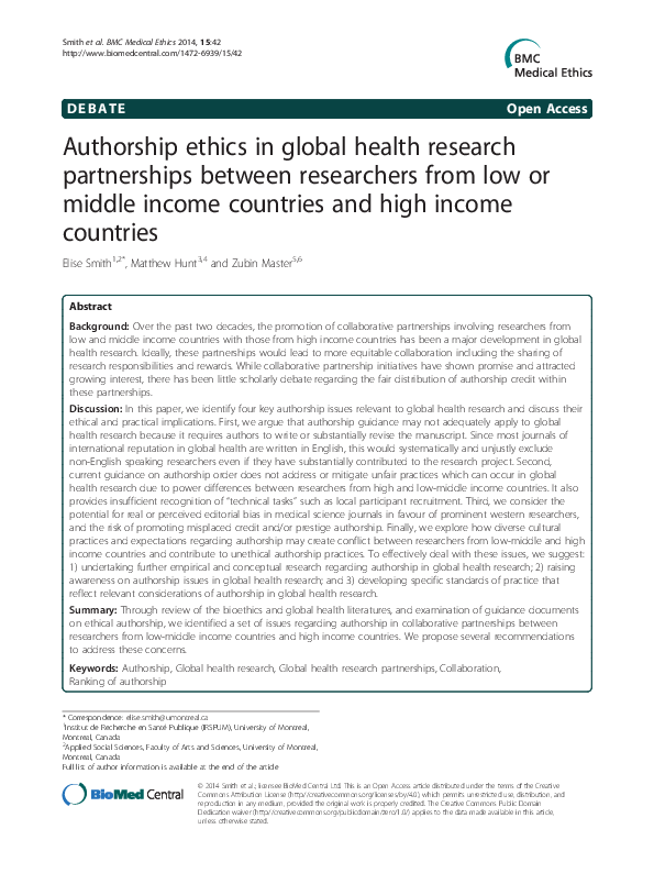 (PDF) Authorship ethics in global health research partnerships between ...