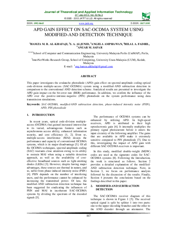 Apd Gain Effect On Sac Ocdma System Using Modified And Detection Technique