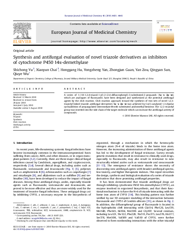 (PDF) Synthesis and antifungal evaluation of novel triazole derivatives as inhibitors of ...