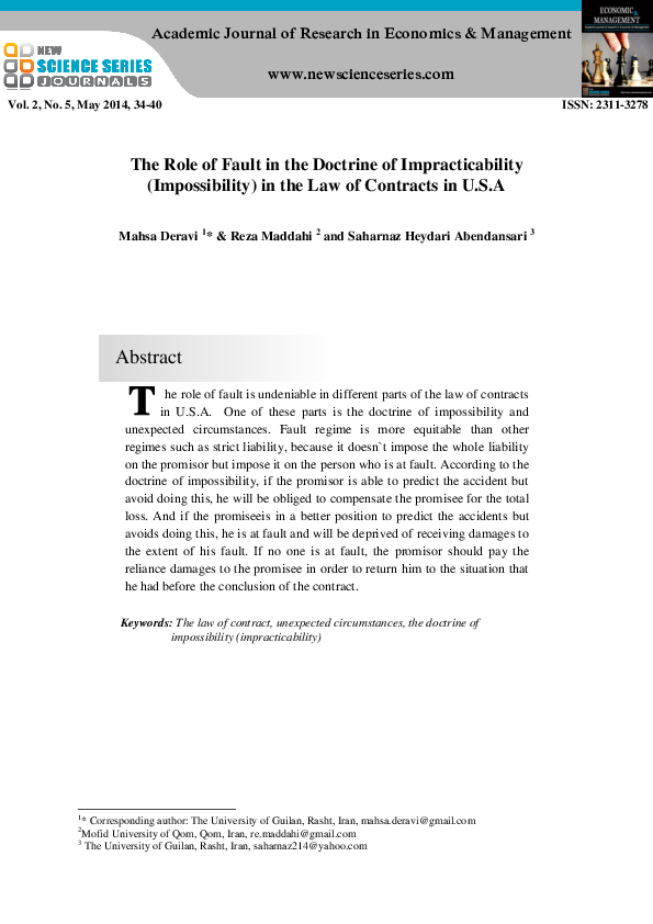 Pdf The Role Of Fault In The Doctrine Of Impracticability Impossibility In The Law Of
