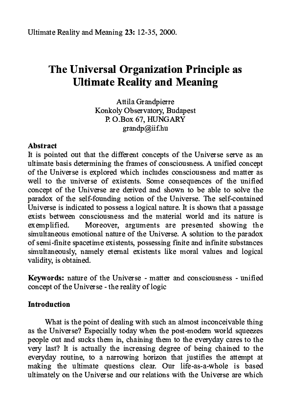 (PDF) The Universal Organisation Principle as Ultimate Reality and Meaning