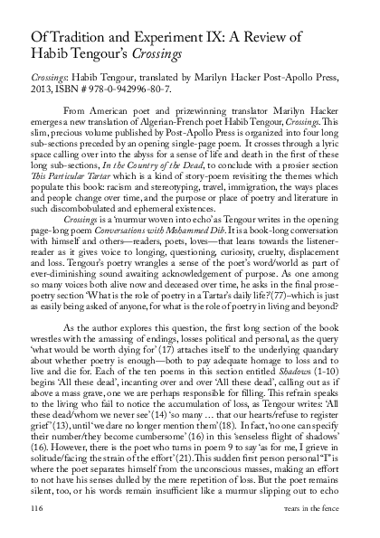 (PDF) Review of Habib Tengour's "Crossings" translated by Marilyn Hacker