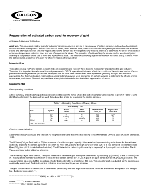CALGON CARBON CORPORATI egeneration ofactivatedcarbonusedforrecoveryofgold