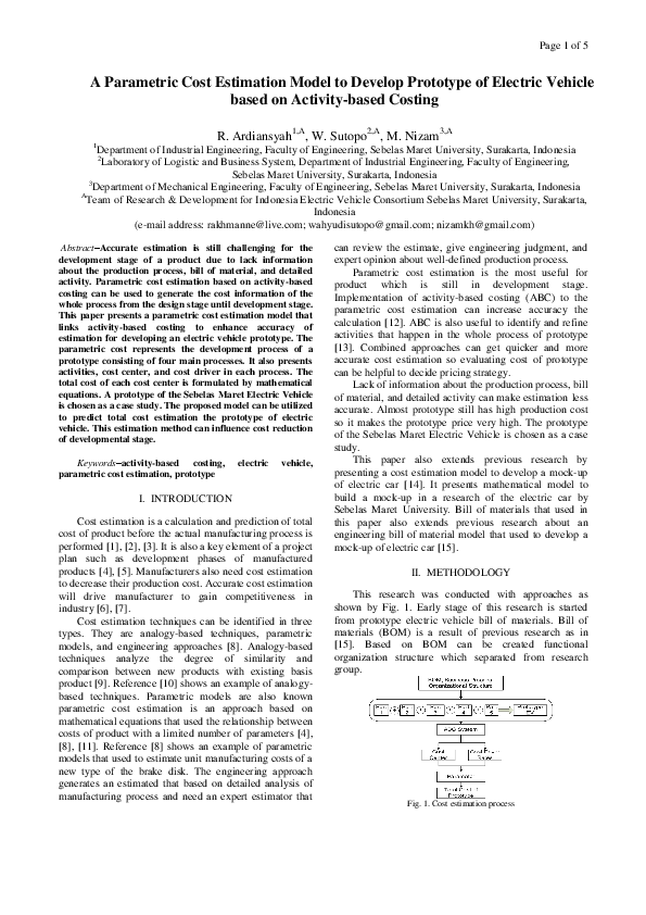 A Parametric Cost Estimation Model To Develop Prototype Of Electric Vehicle Based On Activity