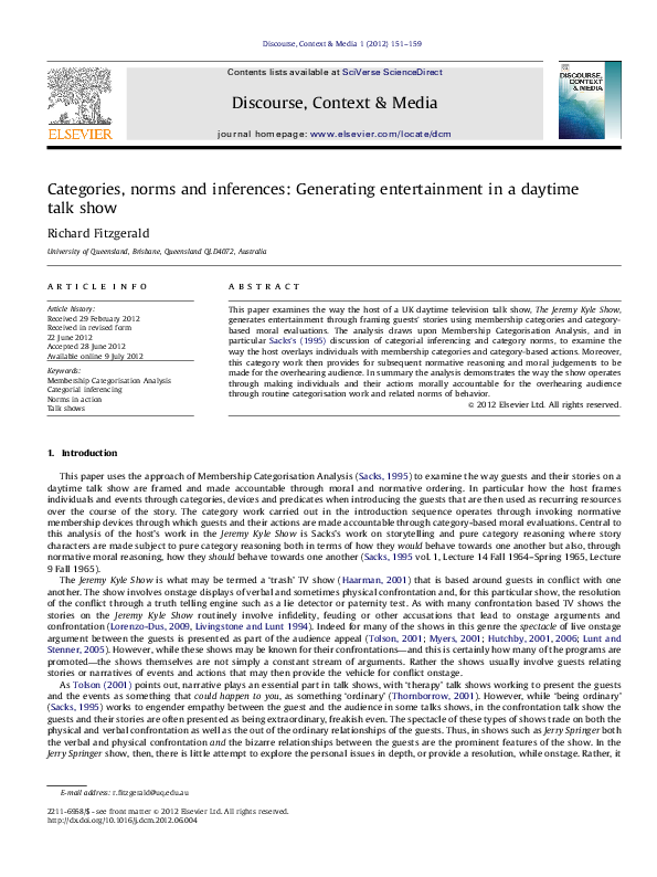 (PDF) Categories, norms and inferences. Generating entertainment in a daytime talk show. (2012 ...