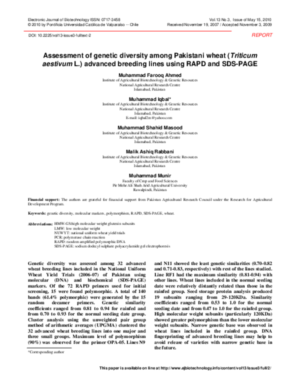 (PDF) Assessment of genetic diversity among Pakistani wheat (Triticum aestivum L.) advanced ...