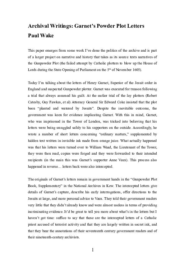 (DOC) Archival Writings: Garnet’s Powder Plot Letters