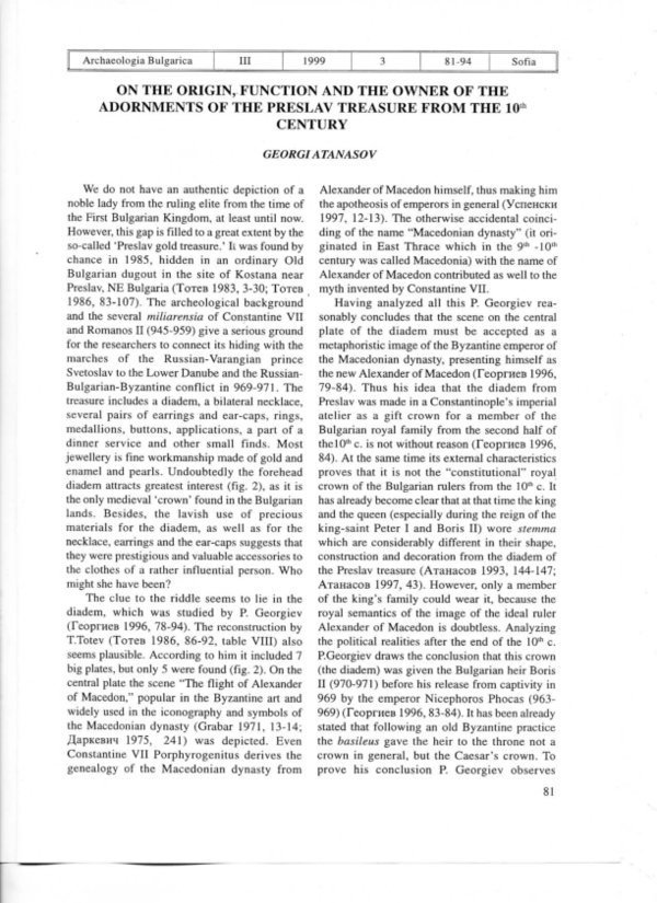 On the Origin, Function and the Owner of the Adornments of the Preslav ...