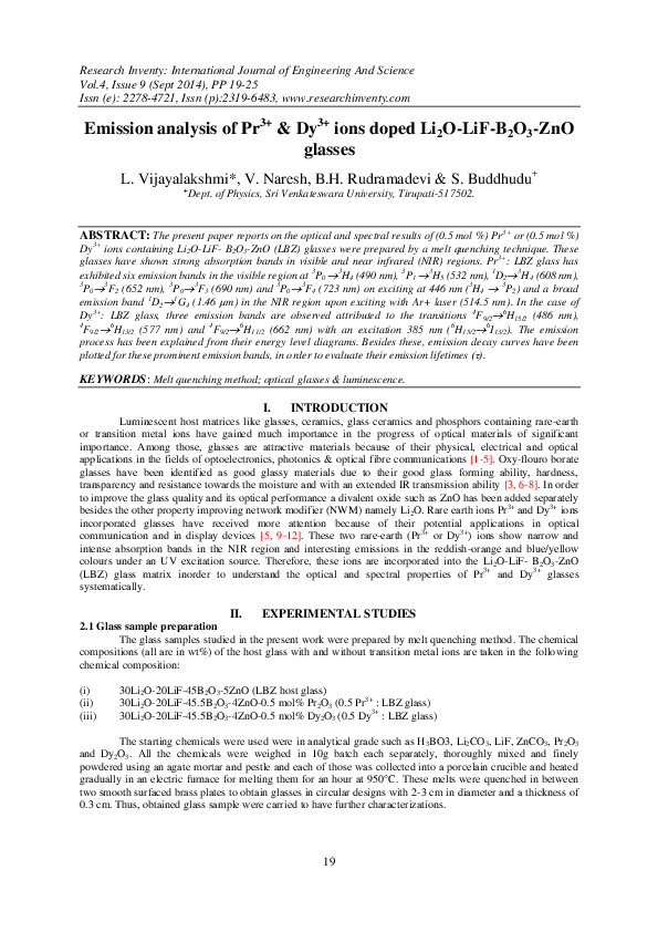 (PDF) Emission analysis of Pr3+ & Dy3+ ions doped Li2O-LiF-B2O3-ZnO glasses