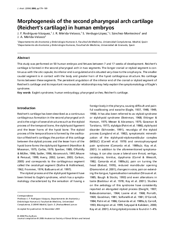 (PDF) Morphogenesis of the second pharyngeal arch cartilage (Reichert's ...