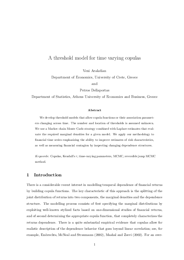 (PDF) A threshold model for time varying copulas | veni arakelian - Academia.edu