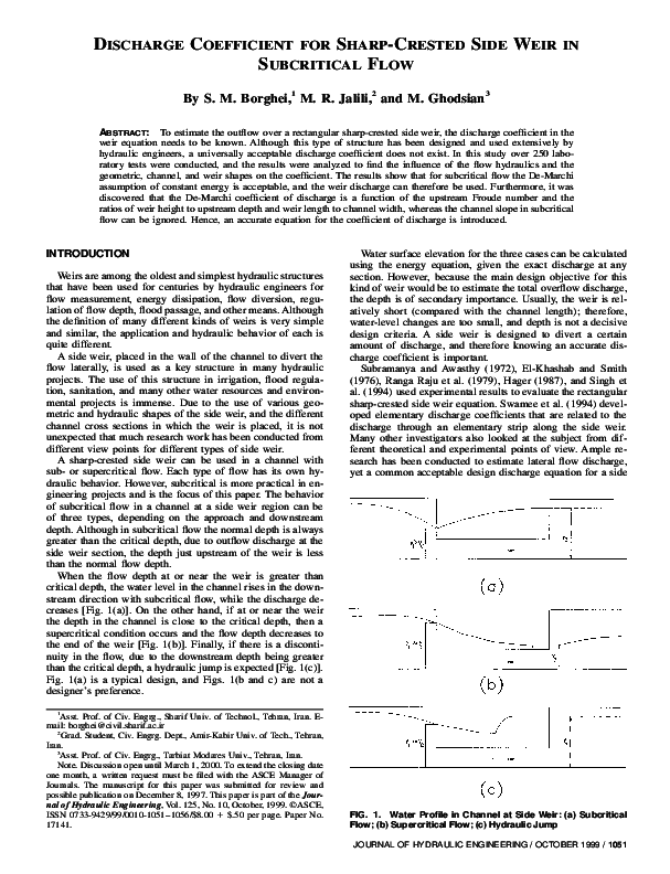 (PDF) DISCHARGE COEFFICIENT FOR SHARP-CRESTED SIDE WEIR IN SUBCRITICAL FLOW