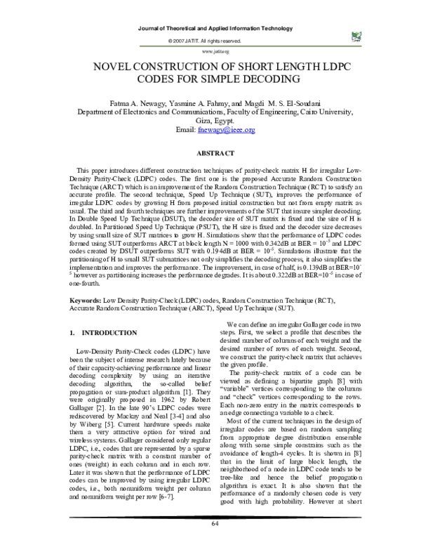 (PDF) NOVEL CONSTRUCTION OF SHORT LENGTH LDPC CODES FOR SIMPLE DECODING