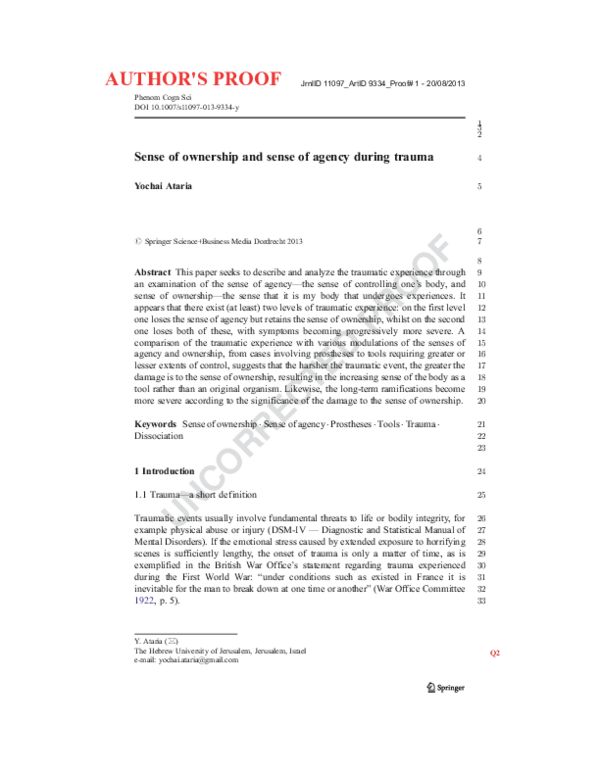 (PDF) Sense of ownership and sense of agency during trauma