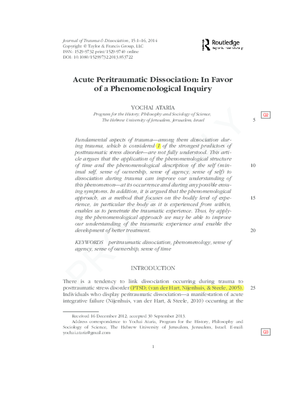 (PDF) Acute Peritraumatic Dissociation: In Favor of a Phenomenological ...