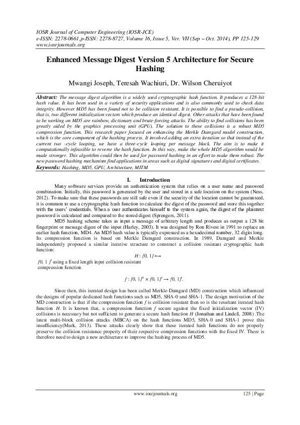 Pdf Enhanced Message Digest Version 5 Architecture For Secure Hashing Iosr Journals