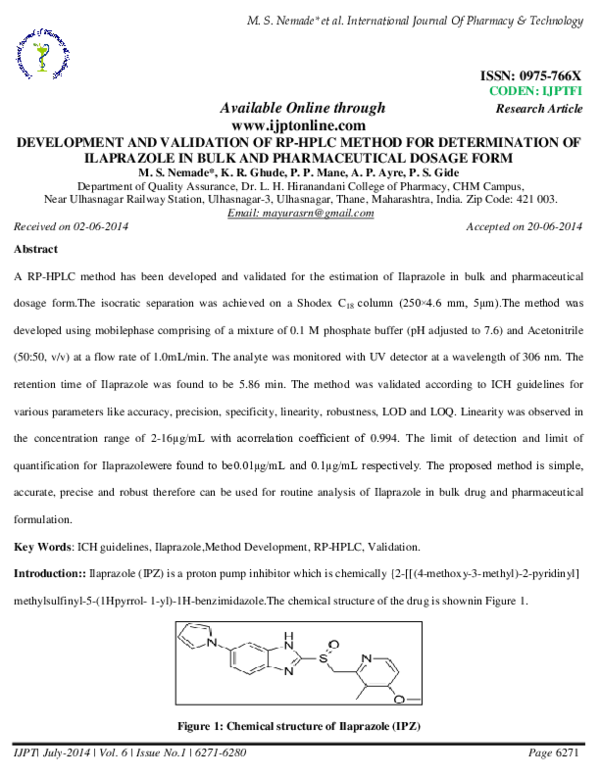 (PDF) DEVELOPMENT AND VALIDATION OF RP-HPLC METHOD FOR DETERMINATION OF ILAPRAZOLE IN BULK AND ...