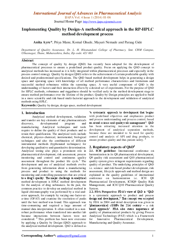 Pdf Implementing Quality By Design A Methodical Approach In The Rp Hplc Method Development Process